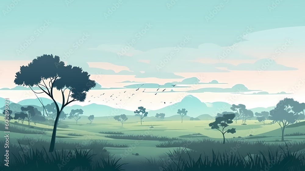 2d savvana daylight landscape background vector, blue sky, flat vector ...