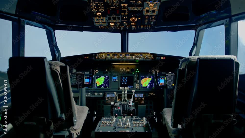 Empty airplane cockpit or flight deck modern passenger plane ready to ...