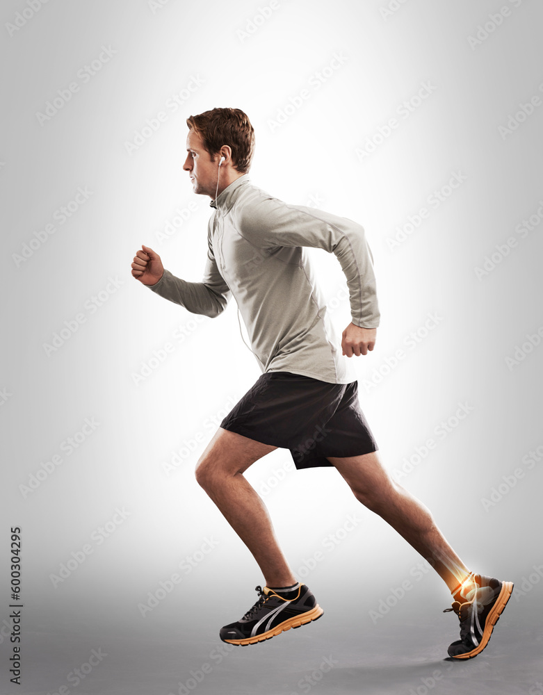 Man running, fitness and ankle pain with overlay, exercise injury and ...