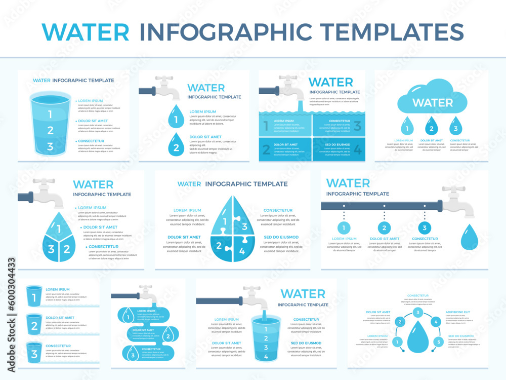 Vetor de Set of water infographic templates with tap, water drops ...