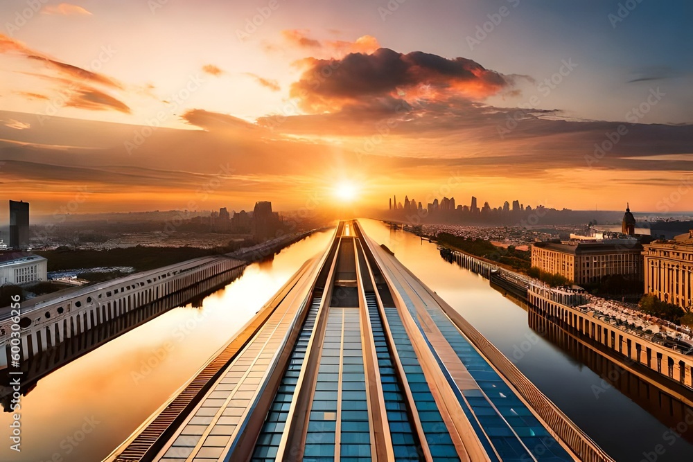 Light speed train tracks floating on the water Beside the road is a ...