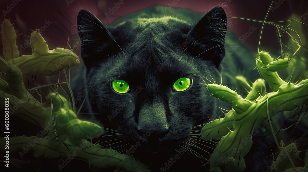 danger meets beauty, thorns and a black panther with glowing green eyes ...
