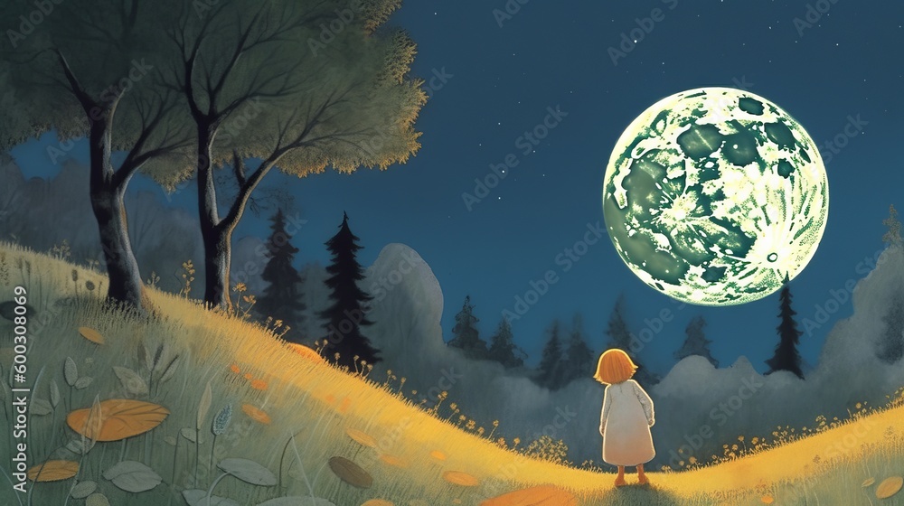 Little girl under the moon, amazing cute storybook illustration, moon ...