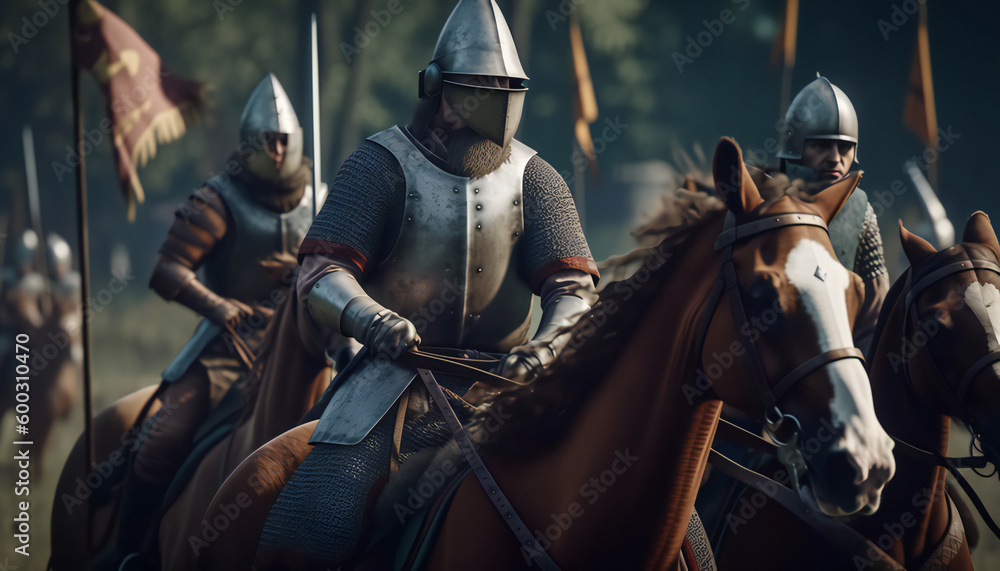 Historic medieval battle recreation with cinematic lighting, soldiers on horses, knights with ...