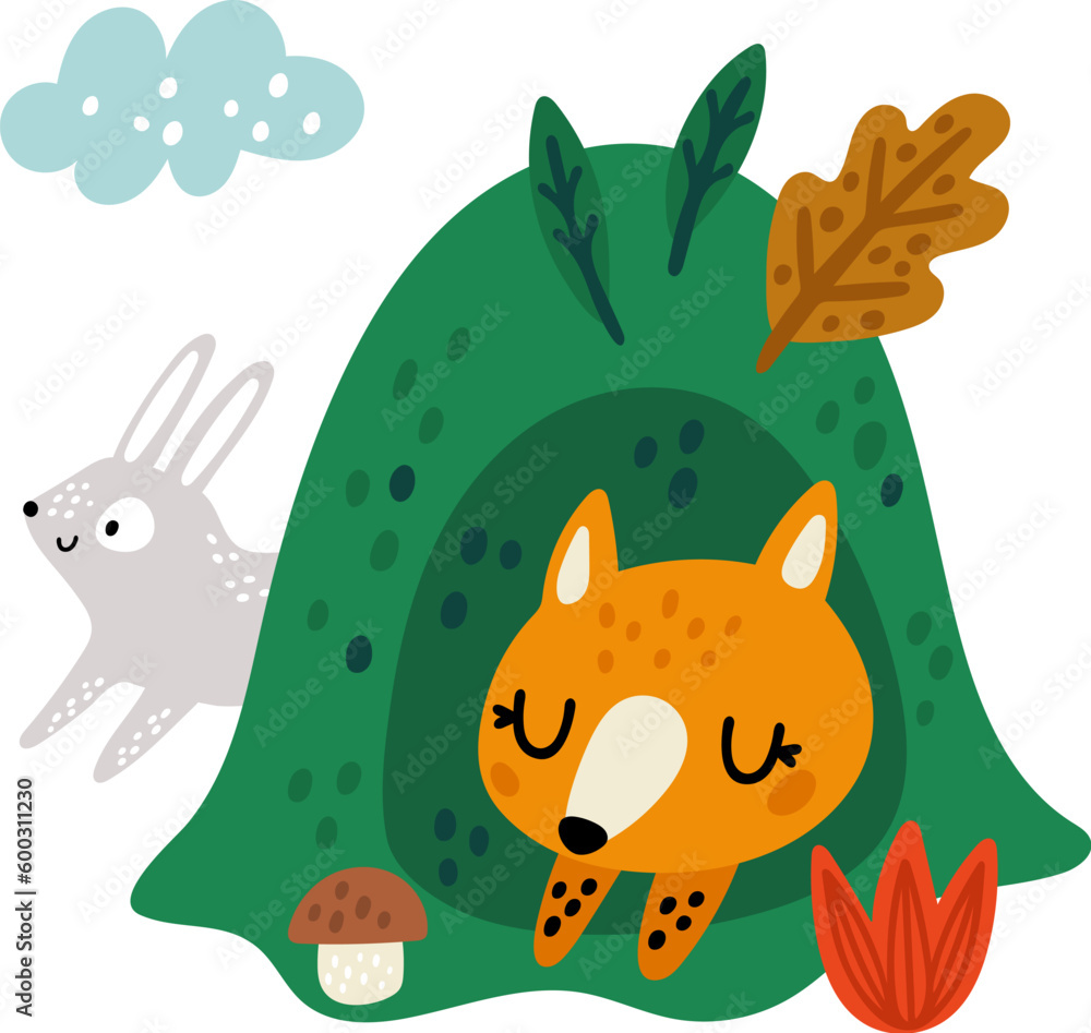 Cute fox. Orange vixen sleeping in burrow. Cartoon forest wildlife ...