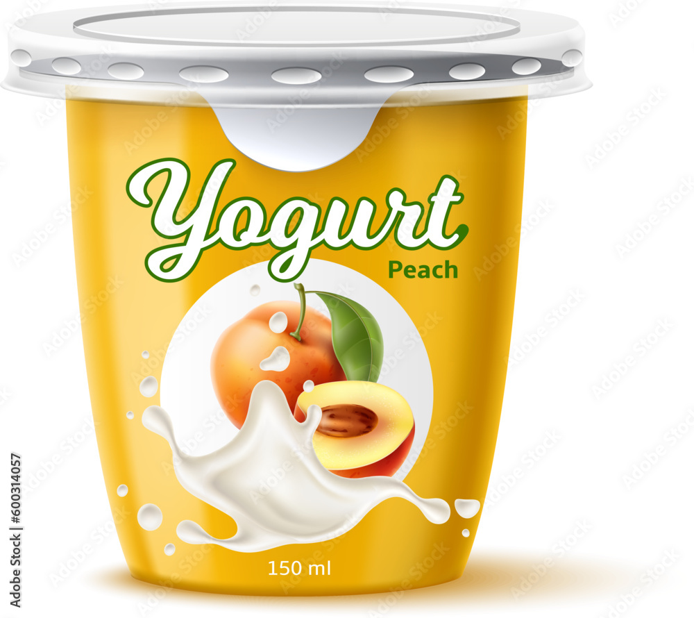 Yogurt package design. Dairy product. Juicy peach. Fruit taste. Closed ...