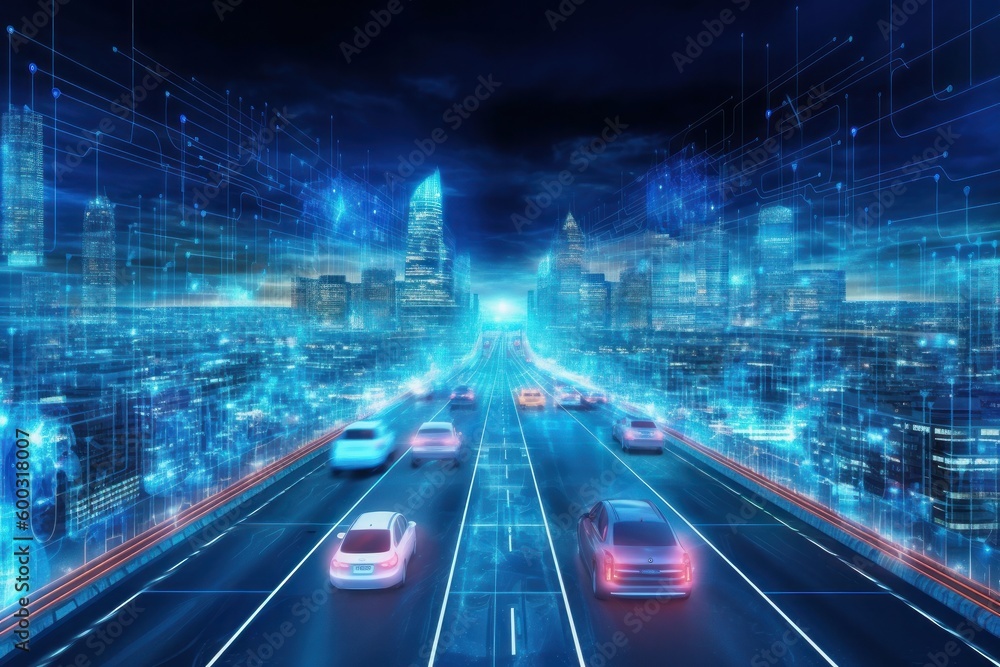 Futuristic road transportation technology with digital data transfer ...