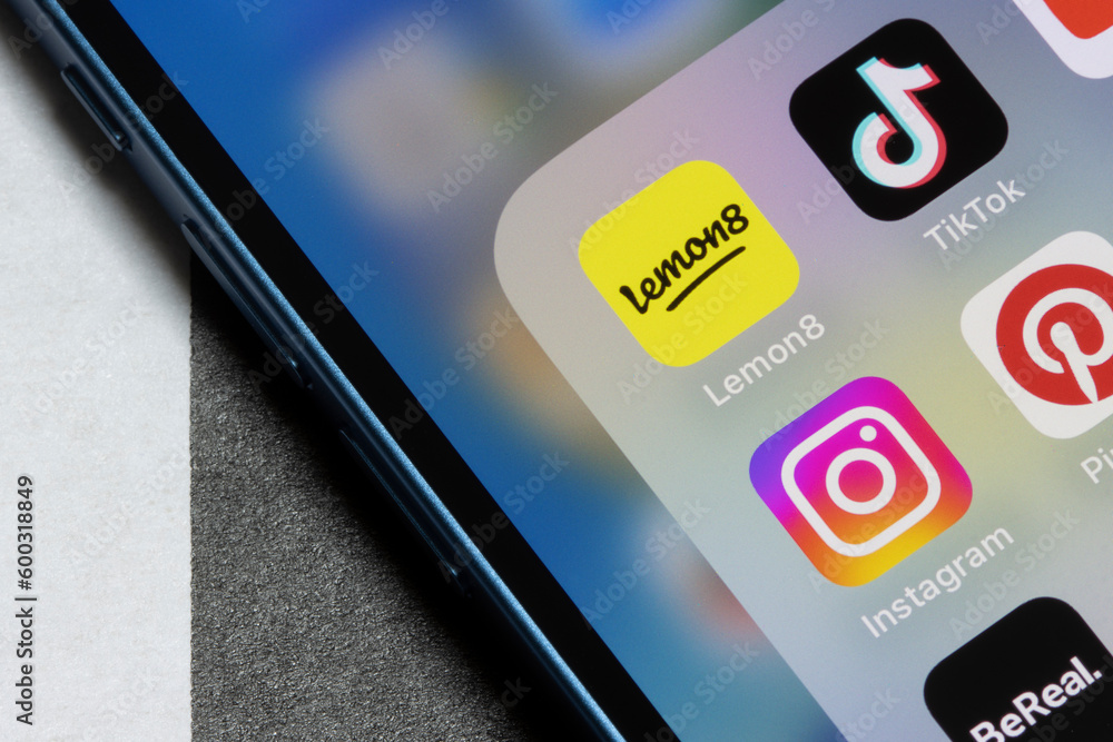 Portland, OR, USA - May 7, 2023: Lemon8, TikTok, Instagram, Pinterest, and BeReal app icons are ...