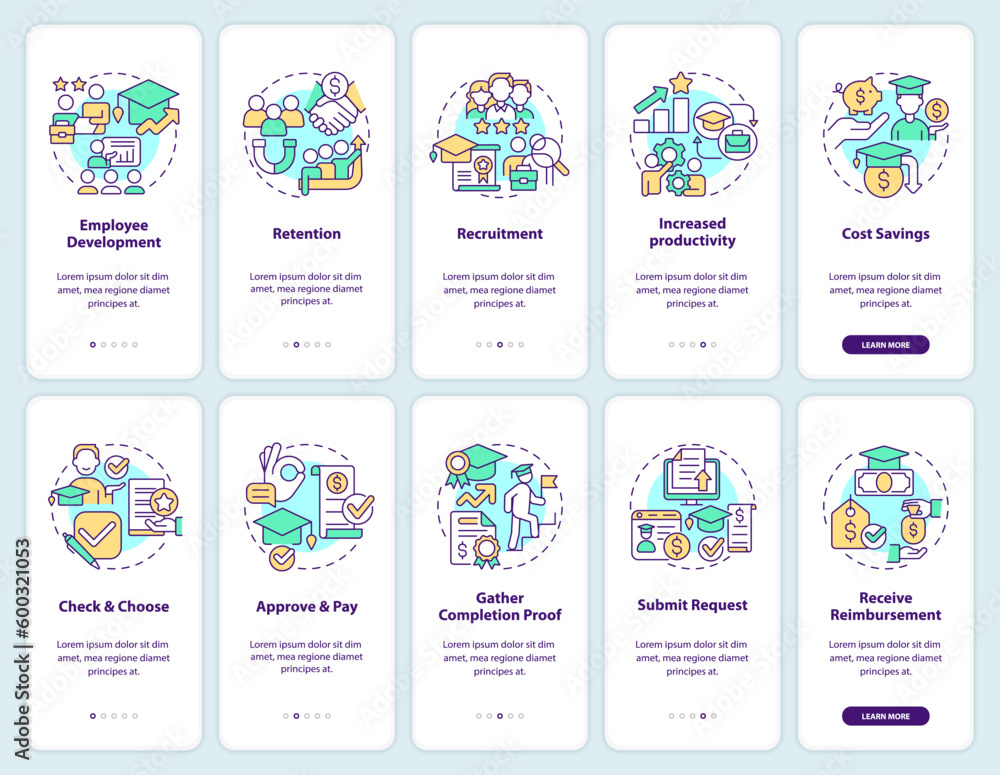 Tuition reimbursement onboarding mobile app screen set. Financial aid ...