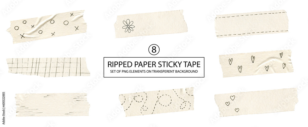 Set of ripped paper sticky tape with hand drawing ornament ...