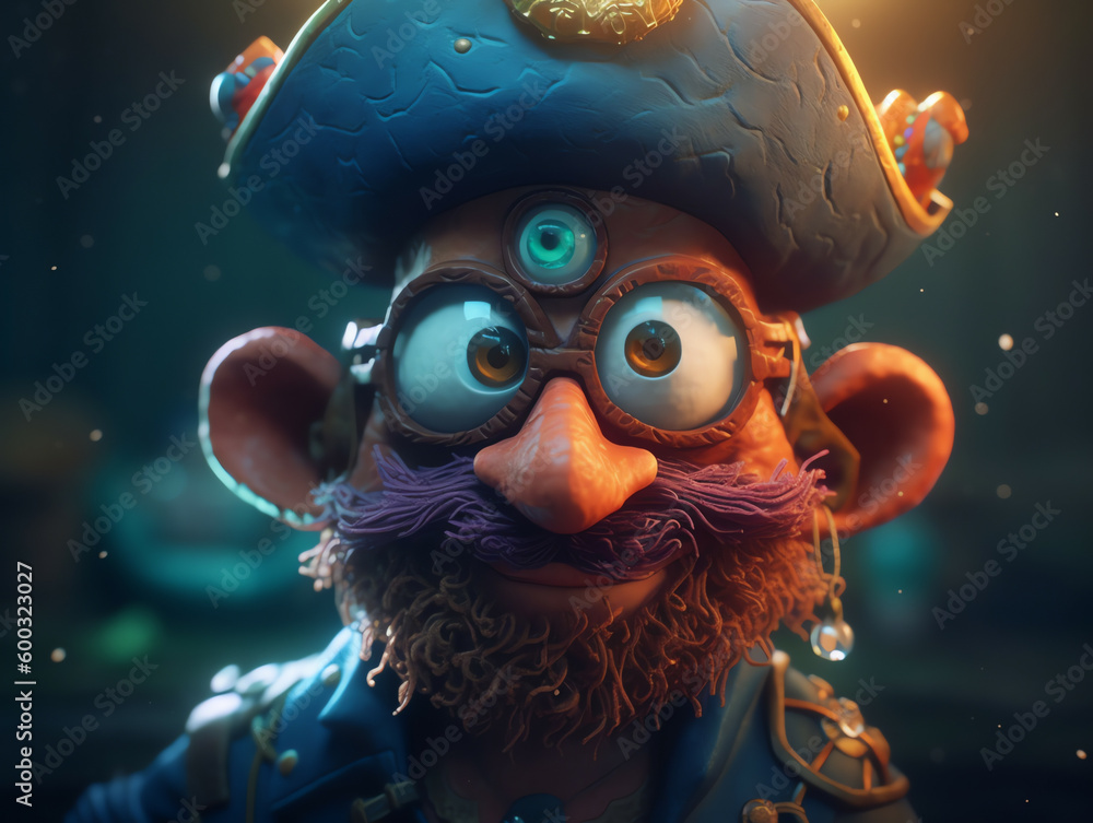 3D cartoon character, long bearded pirate, wearing sailor hat ...
