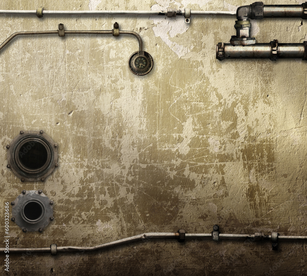 Vintage steampunk backdrop with pipes on stucco wall. Open space with ...