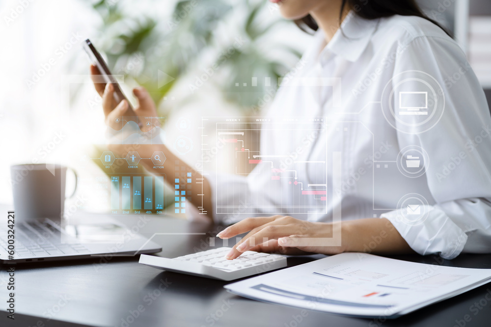 Business woman hand Project manager working and update tasks and Gantt ...