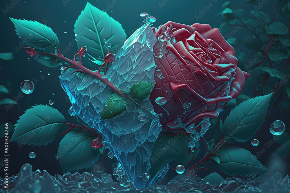 real red rose with many green leaves on its branches many crystal clear ...