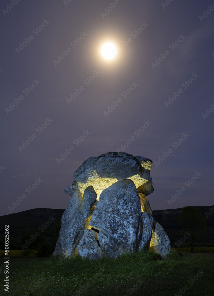 Full moon night in the dolmen of Sorginetxe, a megalithic monument ...