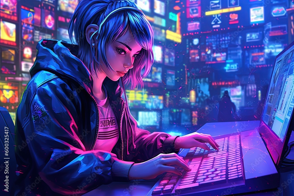 Cyberpunk hacker anime girl, with an edgy haircuy, typing on a ...