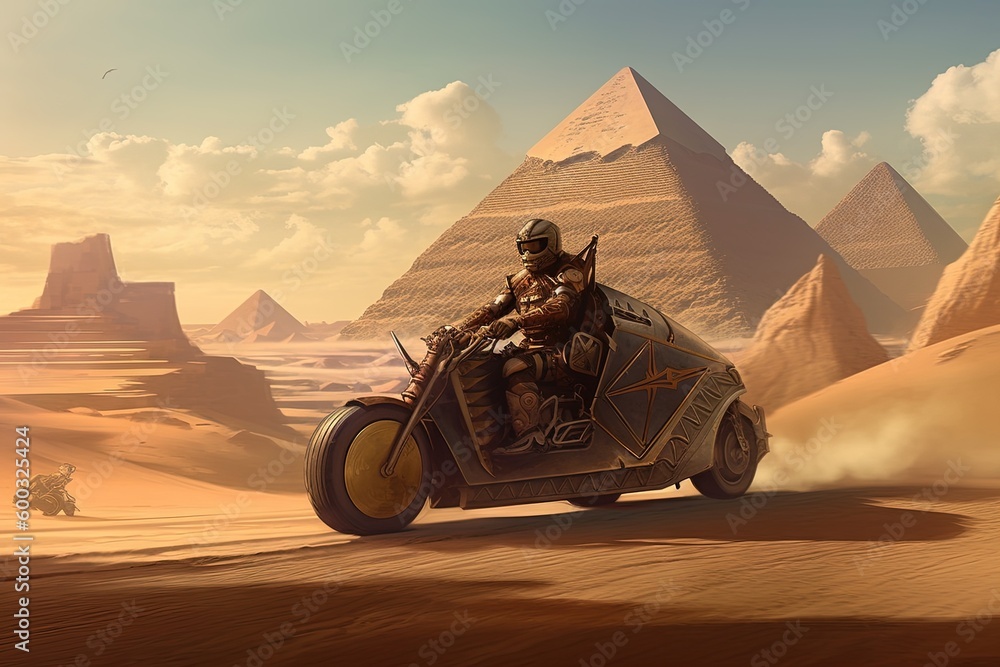 Alien Egyptian pharaoh in his war chariot chopper car charging into ...