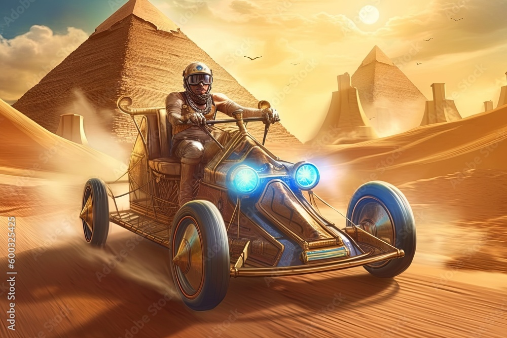 Alien Egyptian pharaoh in his war chariot chopper car charging into ...