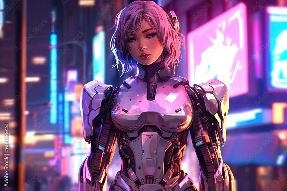Futuristic cyborg anime girl, with silver armor dress standing in front ...