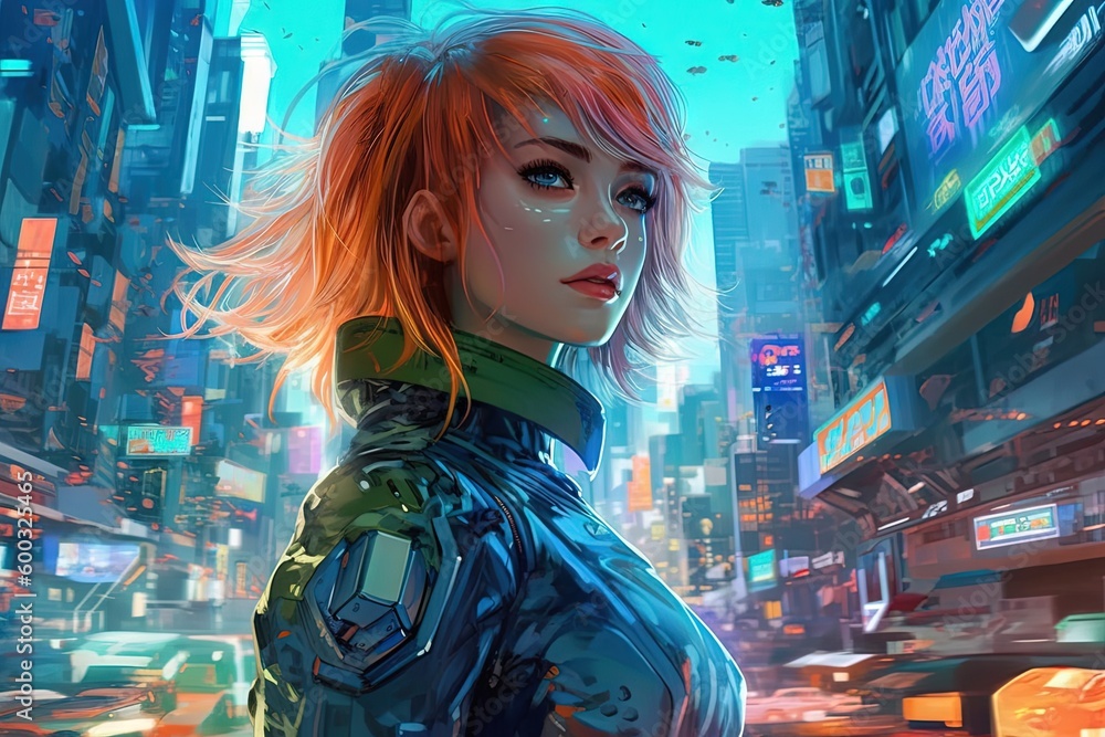 Stockillustratie Futuristic sci - fi Anime girl, with neon - colored ...