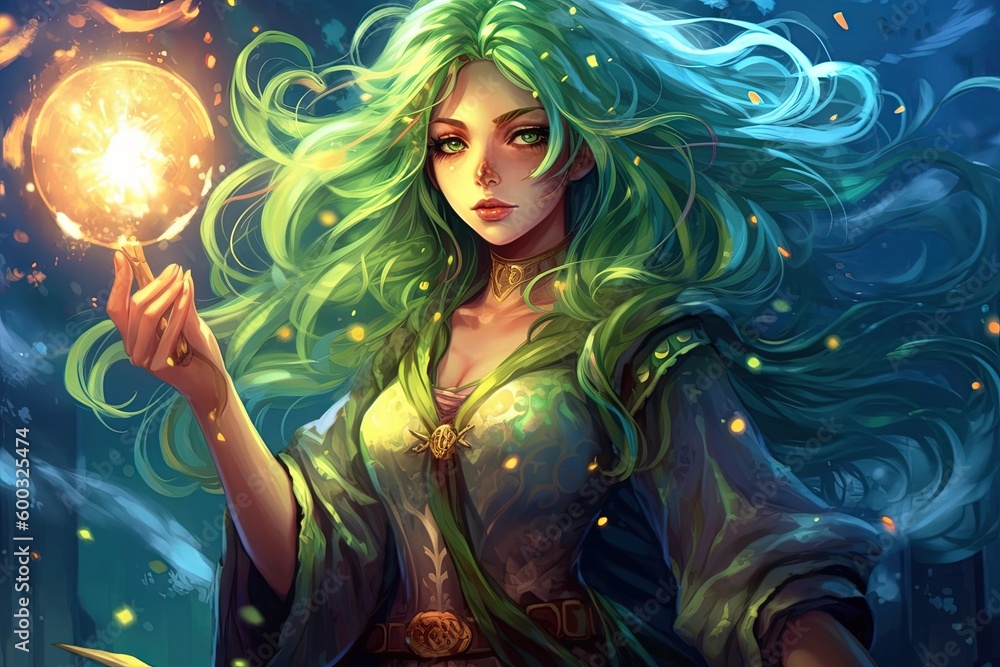 Powerful sorceress, with flowing green hair and a magical staff ...