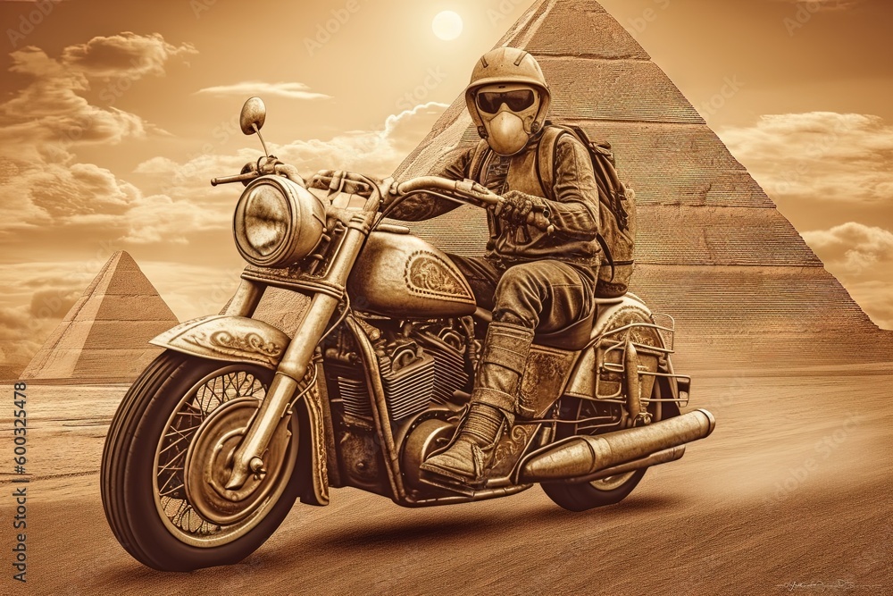 Alien Egyptian pharaoh in his war chariot chopper car charging into ...