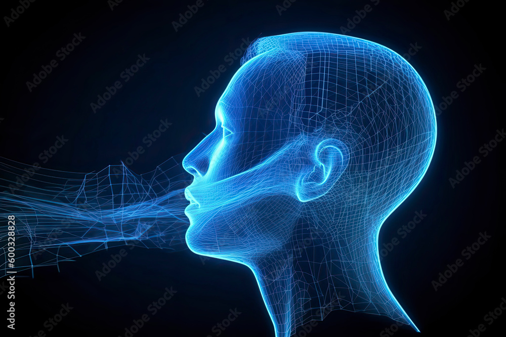 3d digital human face in abstract sound data wave flow. Futuristic had ...