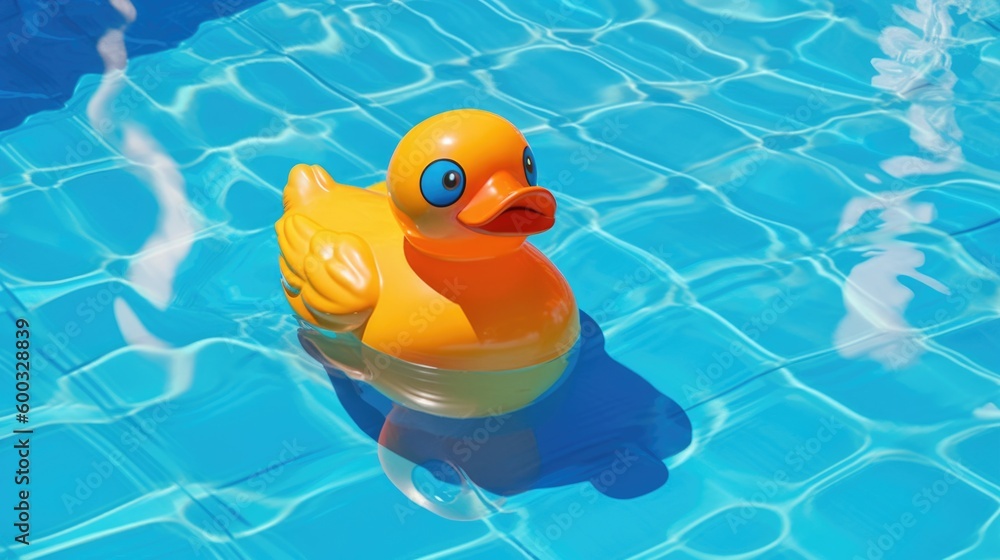 Yellow child's toy rubber ducky toy floating in a large clear blue ...