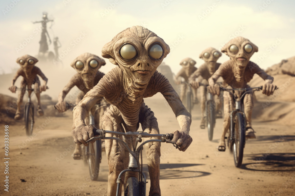 A group of cute scary ugly nightmare alien monsters having fun riding a ...