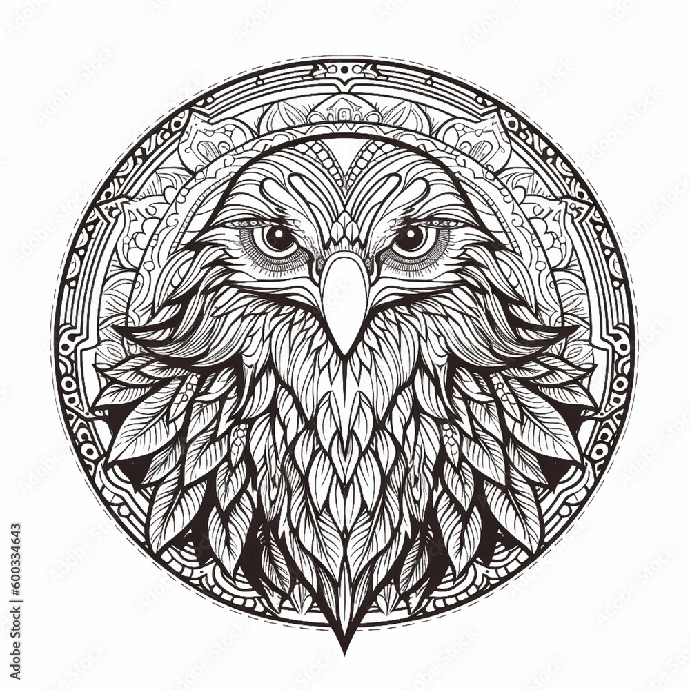 Mandala pattern eagle in black and white line art AI generated Stock ...