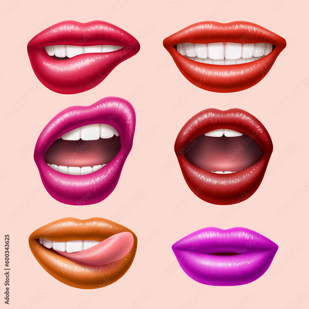 Different colors realistic lips. Female bright mouths, smiling and sexy ...