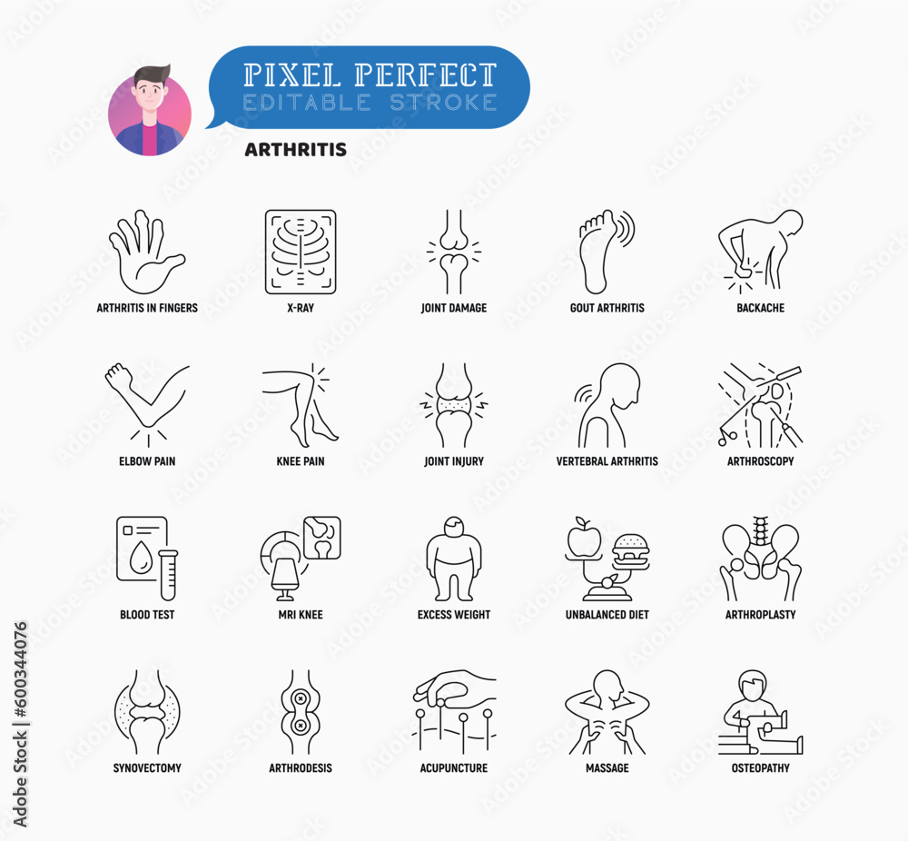 Arthritis thin line icons set: joint damage, gout arthritis, backache ...