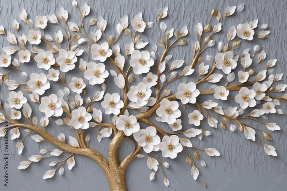 Floral Tree 3D Wallpaper with White Flower Leaves and Golden Stem ...