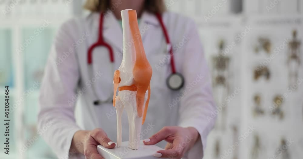 Doctor shows model of human artificial knee joint in medical office ...