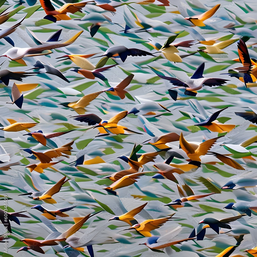 A tessellation of birds in various sizes and colors, flying in ...