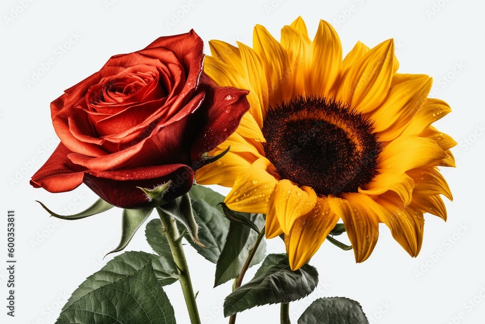Sunflower and rose isolated on transparent background for floral use ...