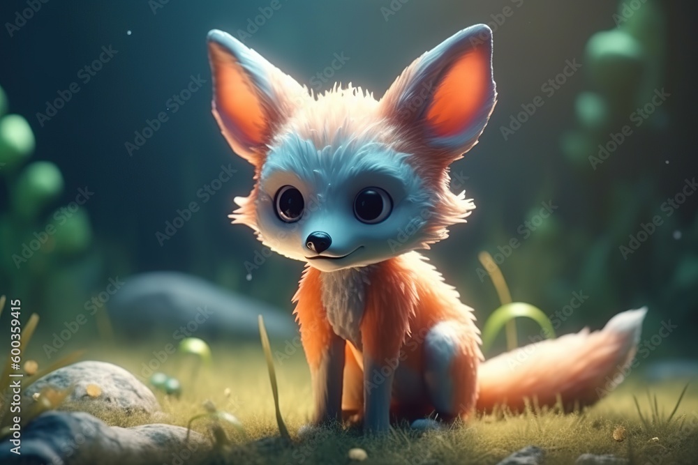 Closeup full body a cute adorable baby fox in medow and bright light ...