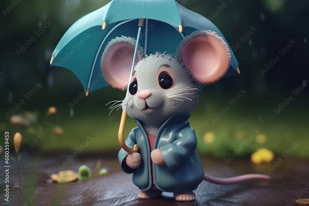cute adorable explorer mouse character standing in nature on rain in ...