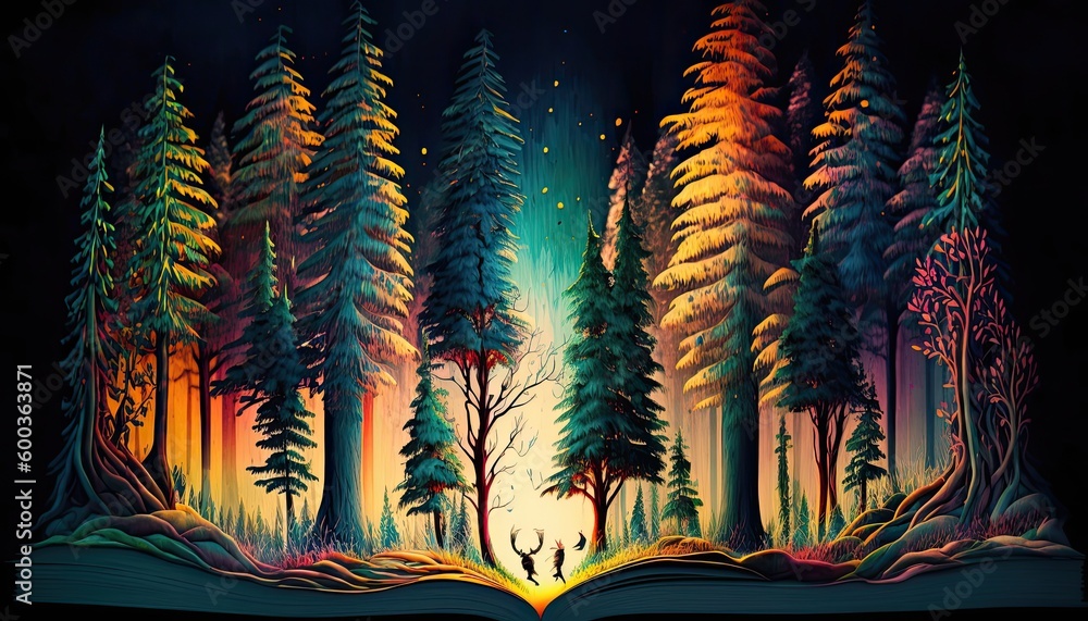 Magical forest of pine trees popping out of a childrens book. Stock ...
