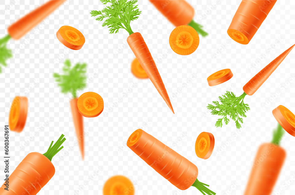 Falling carrots isolated on transparent background. Flying whole and ...