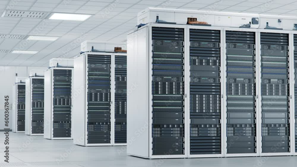 Artificial Intelligence Training Cluster. Inside Large Bright and Clean Working Data Center with ...