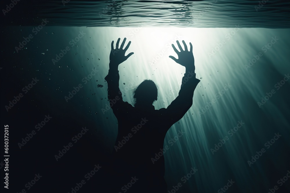 A drowning person reaching above the surface set inside water, created ...