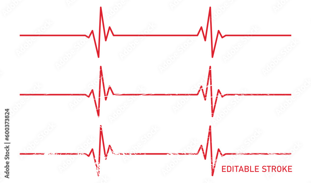 Editable stroke retro heart diagram set, red EKG, cardiogram, heartbeat ...