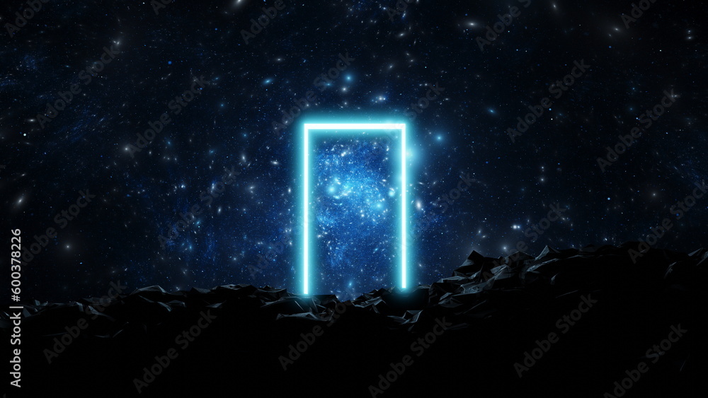 Cosmic glowing portal doorway among stones in space. Stars, planets ...