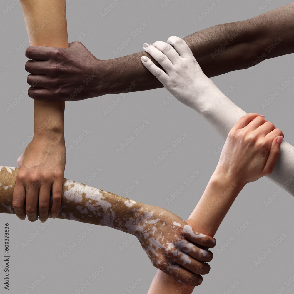 Human hands of diverse people of different race, skin tone holding each ...