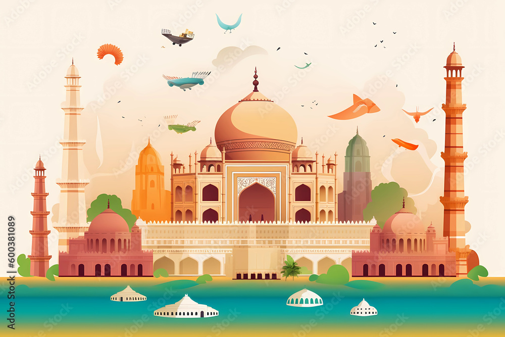 A cartoon of a taj mahal with a building in the background. AI ...