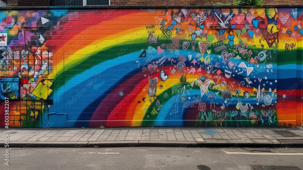Mural with graffiti. Wall with colors of the LGTBI flag. Colorful mural ...
