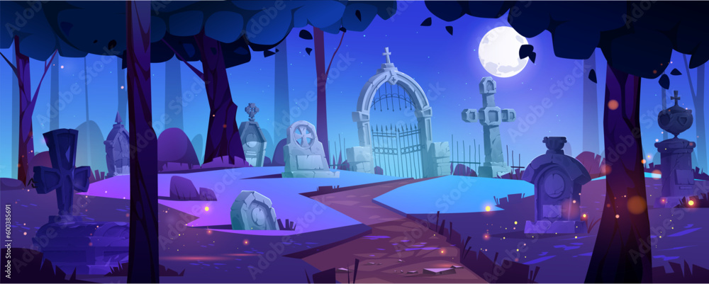Old gothic cemetery at night. Vector cartoon illustration of ancient ...