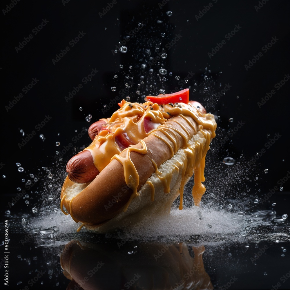 A hot dog with cheese and sprinkles being blown up by water, a hot dog ...