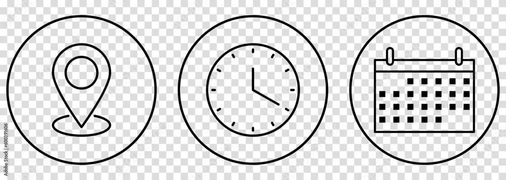 Time, date and address cirle line buttons. Vector illustration isolated ...